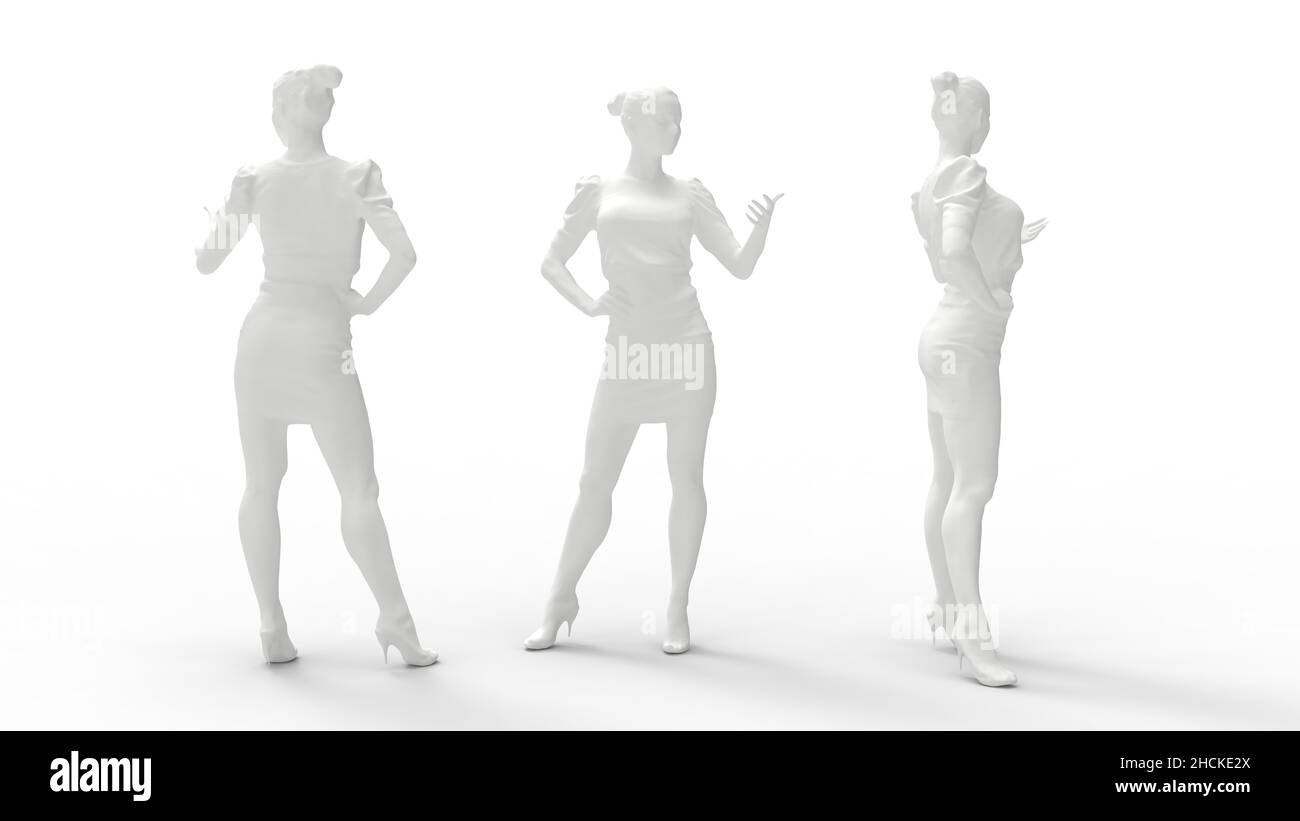3D rendering of a young female woman looking at her hand or phone pose ...