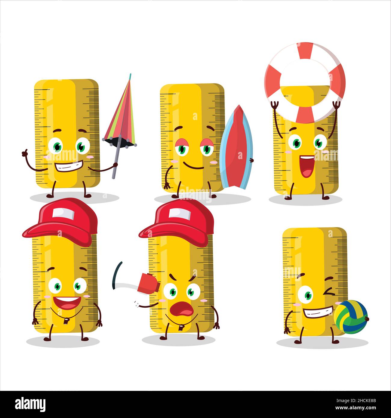 Happy Face yellow ruler cartoon character playing on a beach. Vector ...