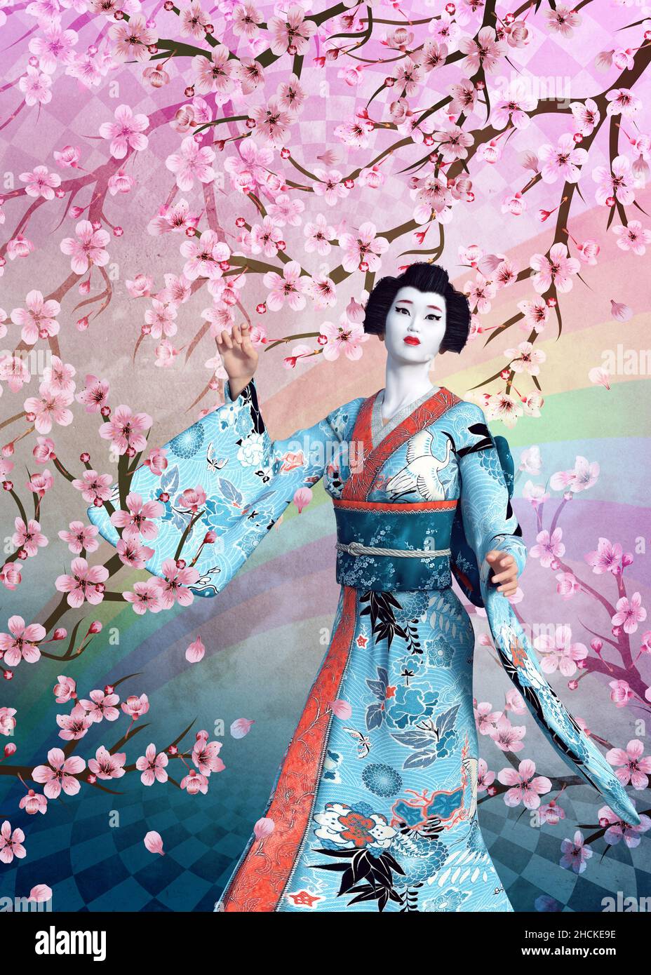 Japanese Geisha in blue kimono and blooming sakura branches, 3d ...