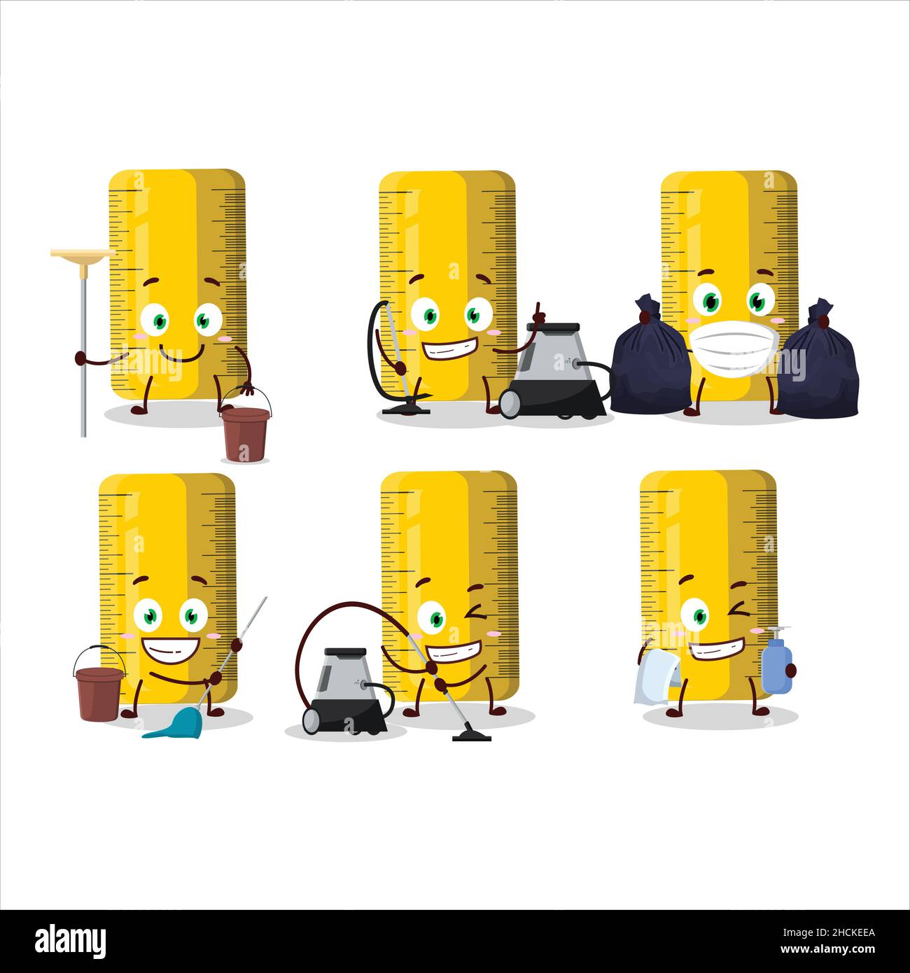 Cleaning service yellow ruler cute cartoon character using mop. Vector ...