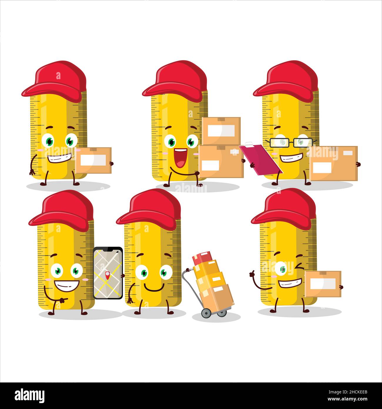 Cartoon character design of yellow ruler working as a courier. Vector ...