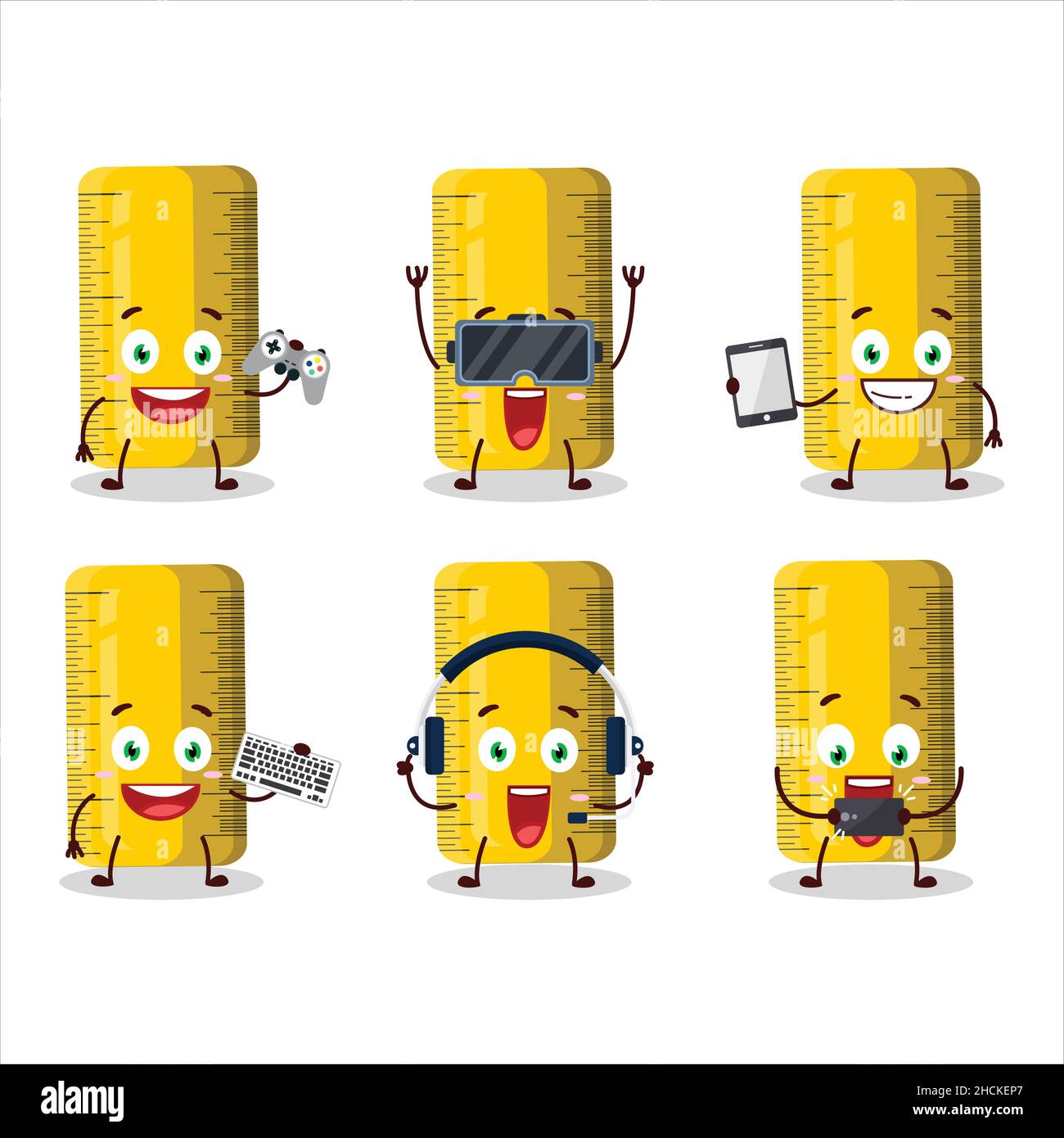 Yellow ruler cartoon character are playing games with various cute ...
