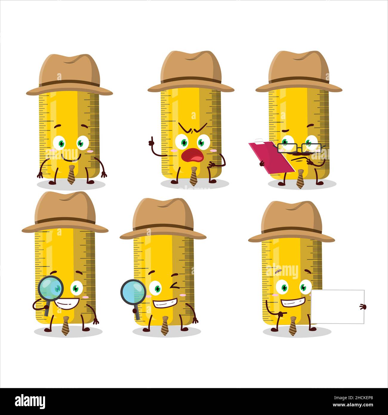 Detective yellow ruler cute cartoon character holding magnifying glass ...