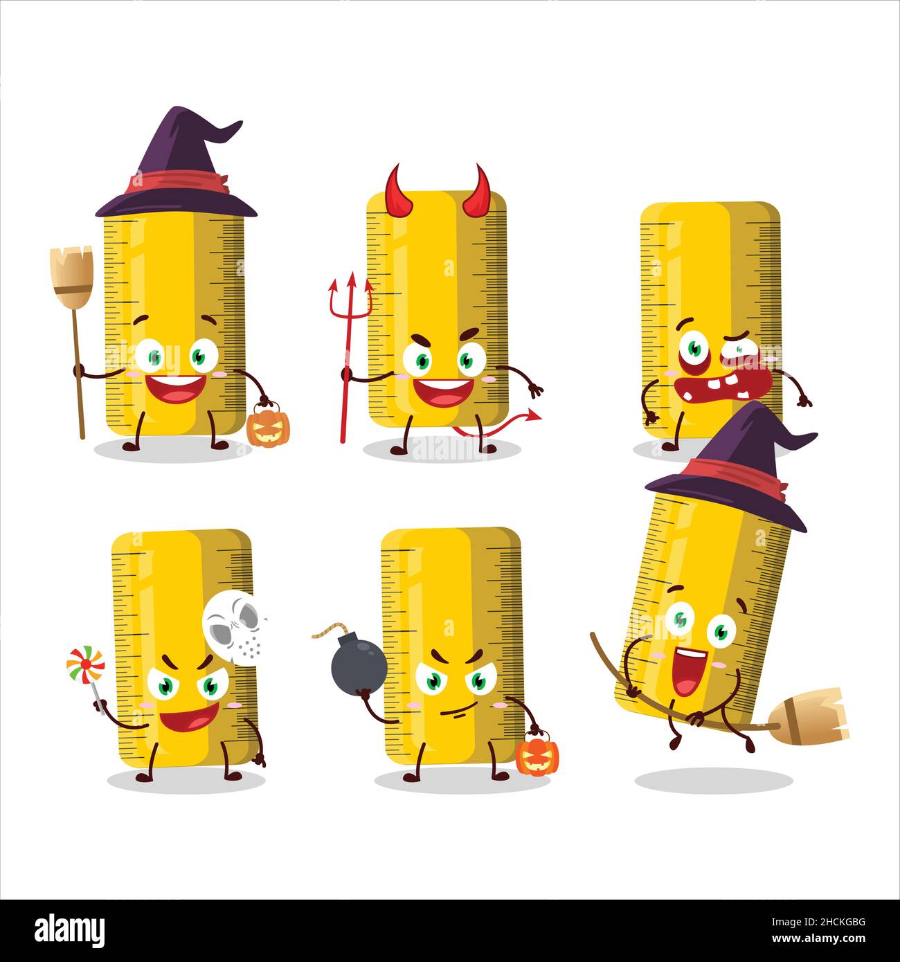 Halloween expression emoticons with cartoon character of yellow ruler ...