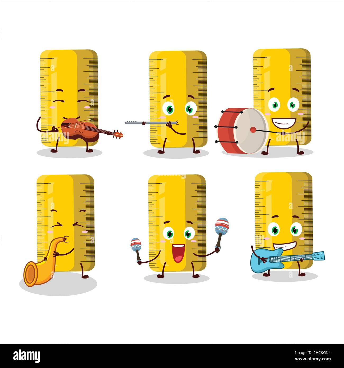 Cartoon character of yellow ruler playing some musical instruments ...