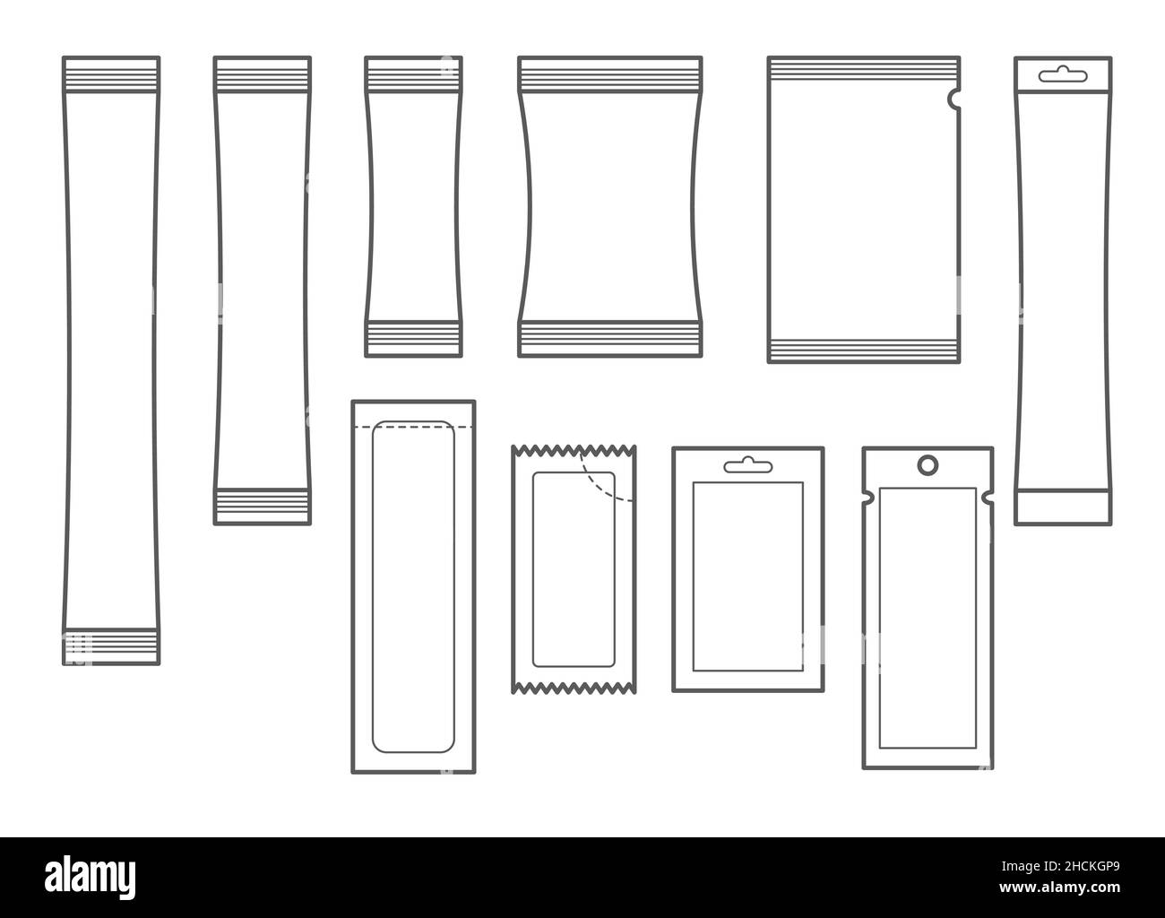 Set of sachet icons. Stick packaging template for sugar, pepper, souse ...