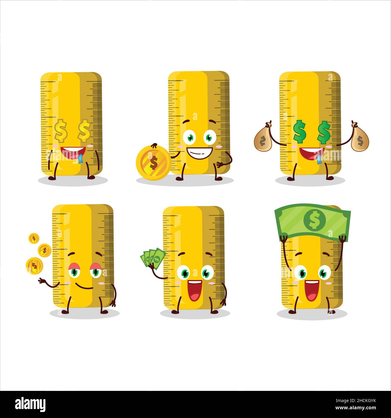Yellow ruler cartoon character with cute emoticon bring money. Vector ...