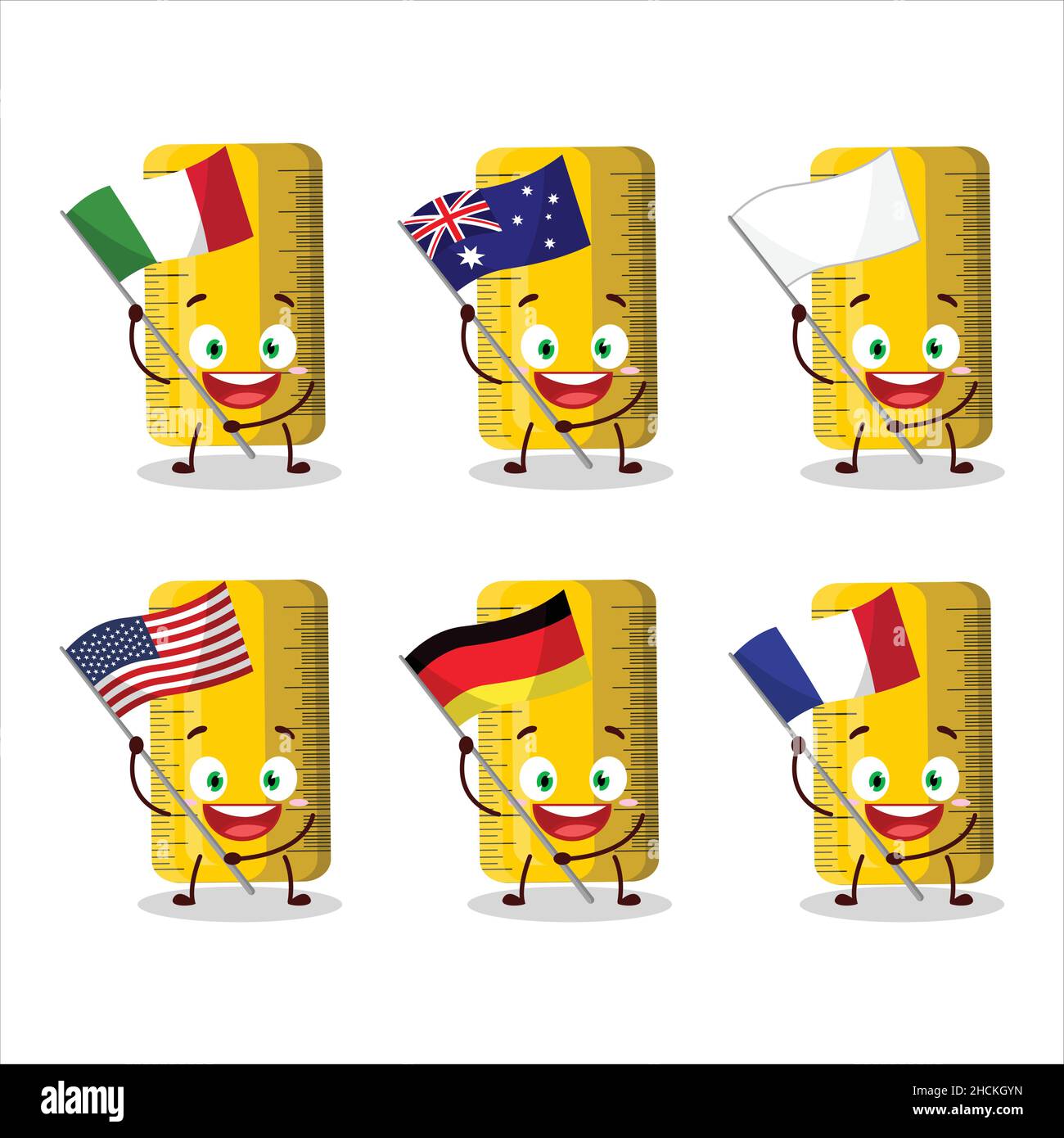 Yellow ruler cartoon character bring the flags of various countries ...