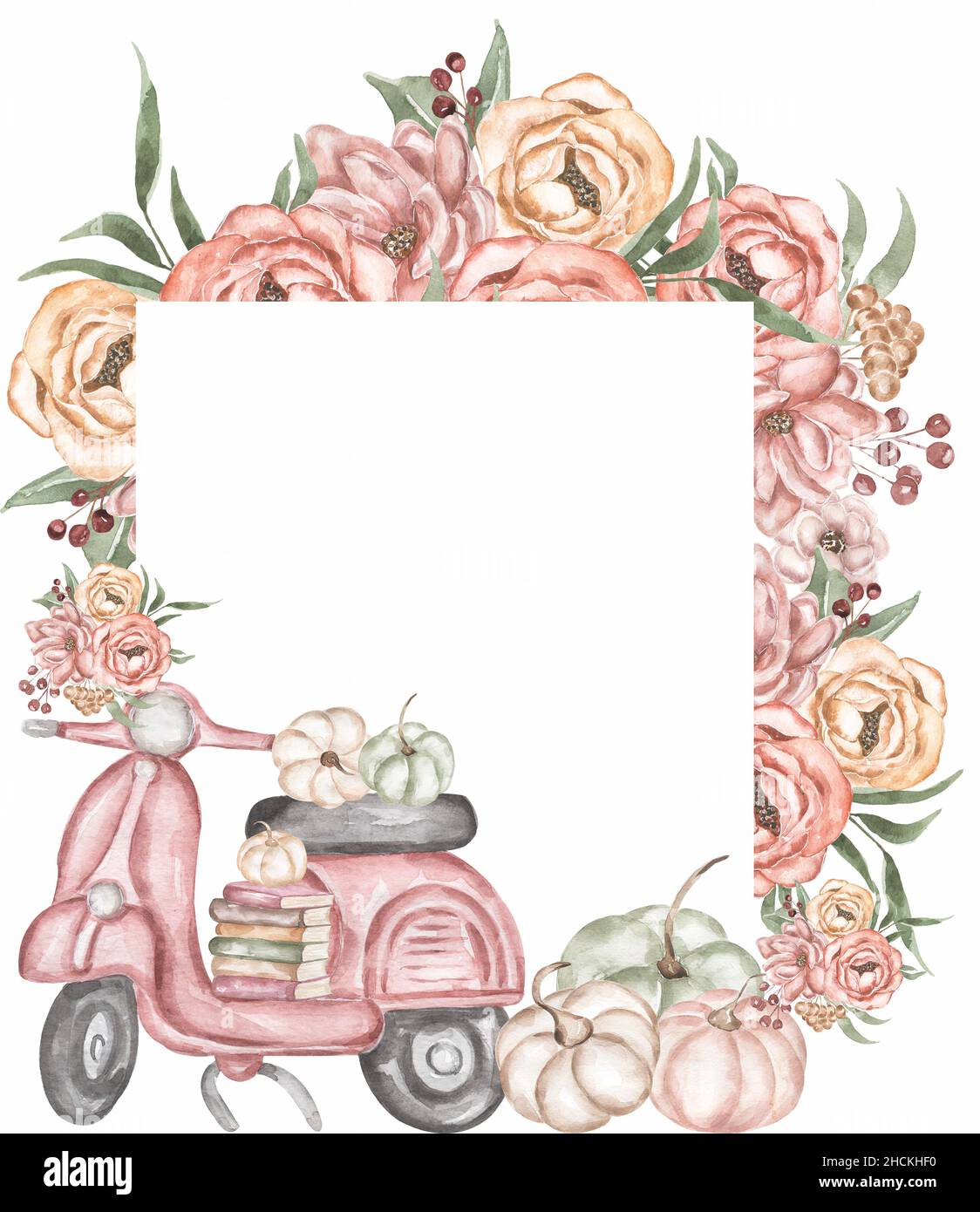 Pink Flowers and Pumpkin, books and scooter wreath Clipart, Watercolor ...
