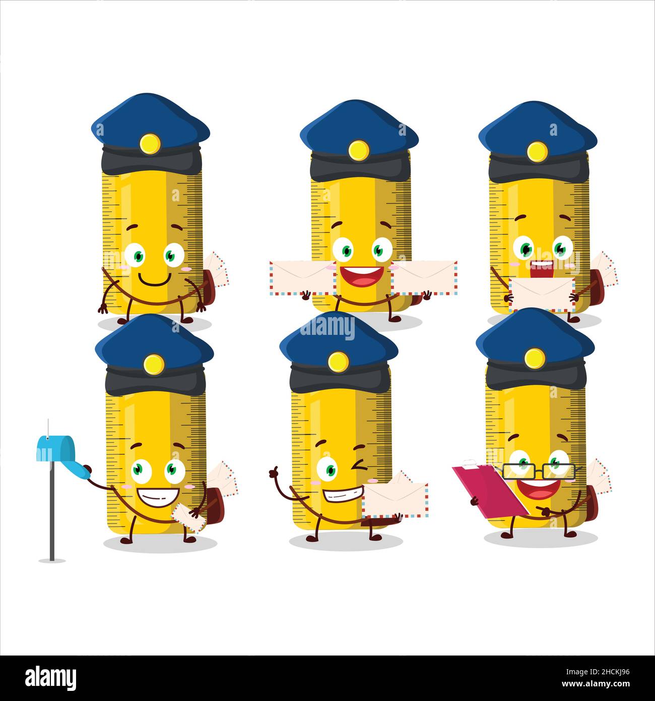 A picture of cheerful yellow ruler postman cartoon design concept ...