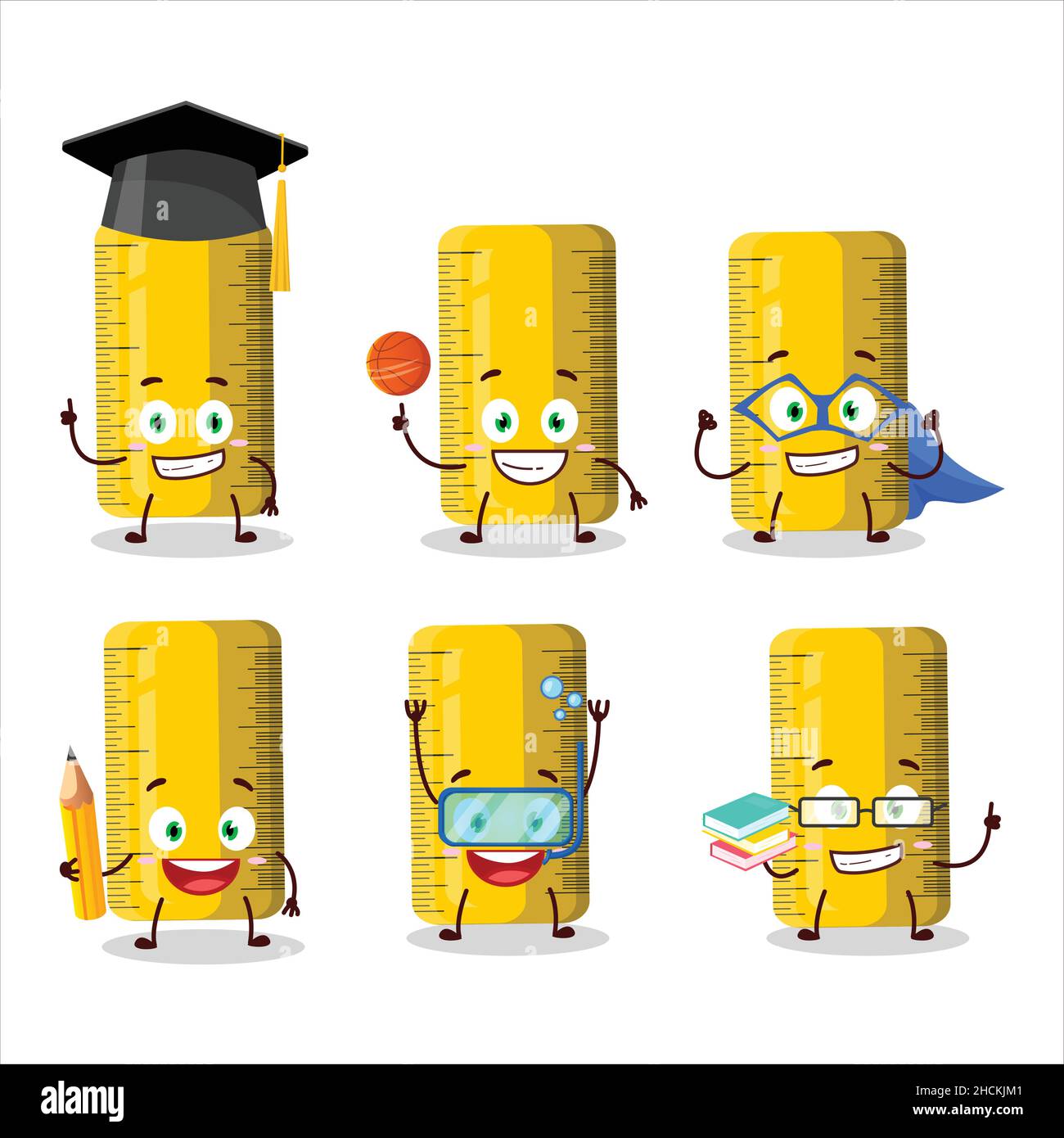 School student of yellow ruler cartoon character with various ...