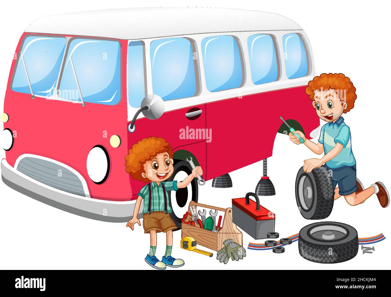 Dad and son fixing a car together on white background illustration ...