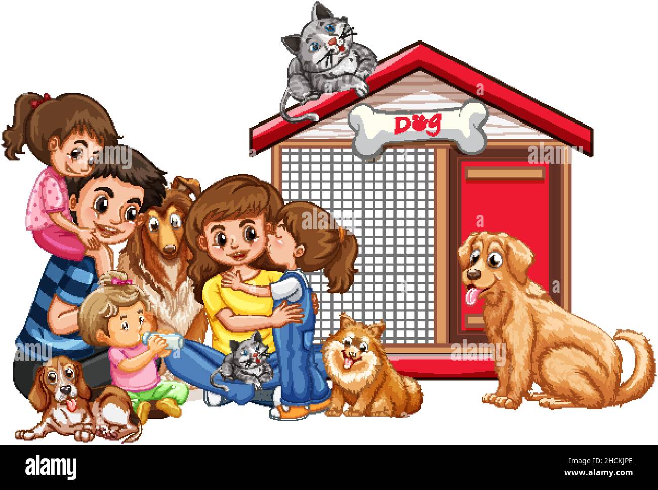 Happy family with their dogs on white background illustration Stock ...