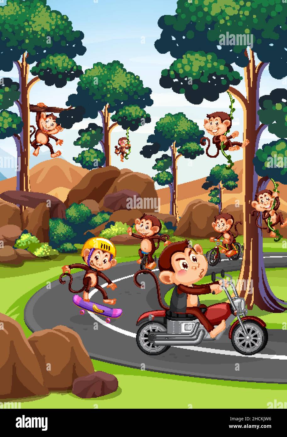Park scene with monkey racing riders illustration Stock Vector Image ...