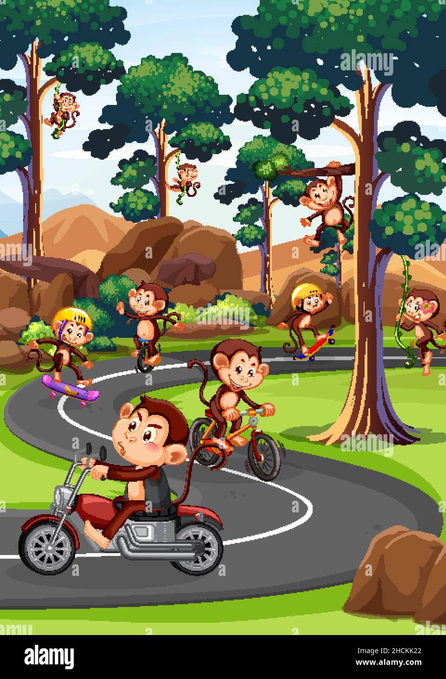 Race track scene with monkeys riding motorcycles illustration Stock ...
