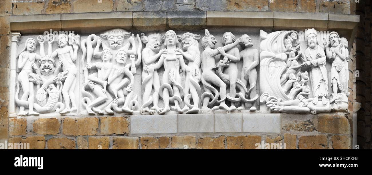 Romanesque (norman) frieze at Lincoln cathedral, England, depicting ...