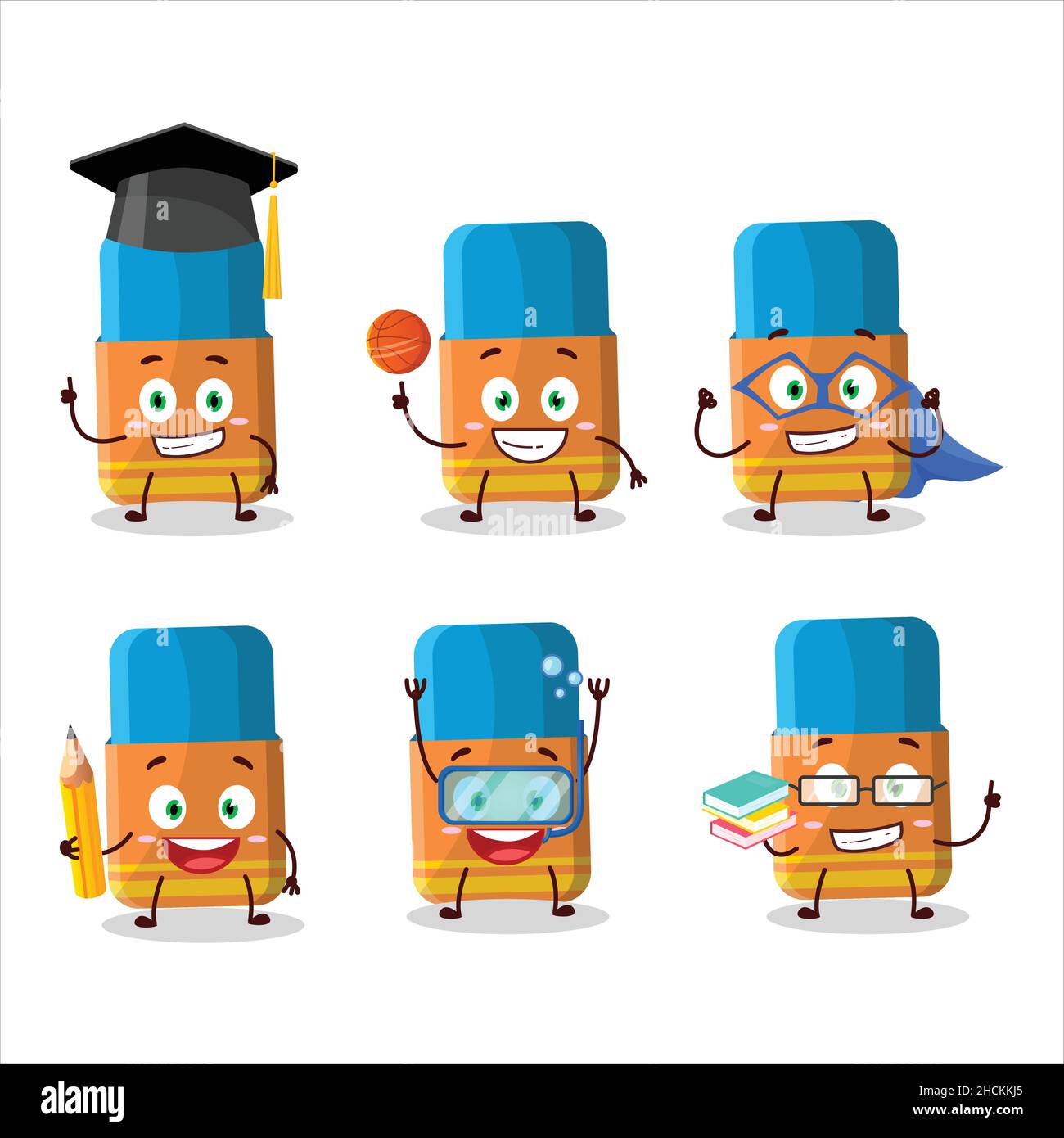 School student of orange eraser cartoon character with various ...