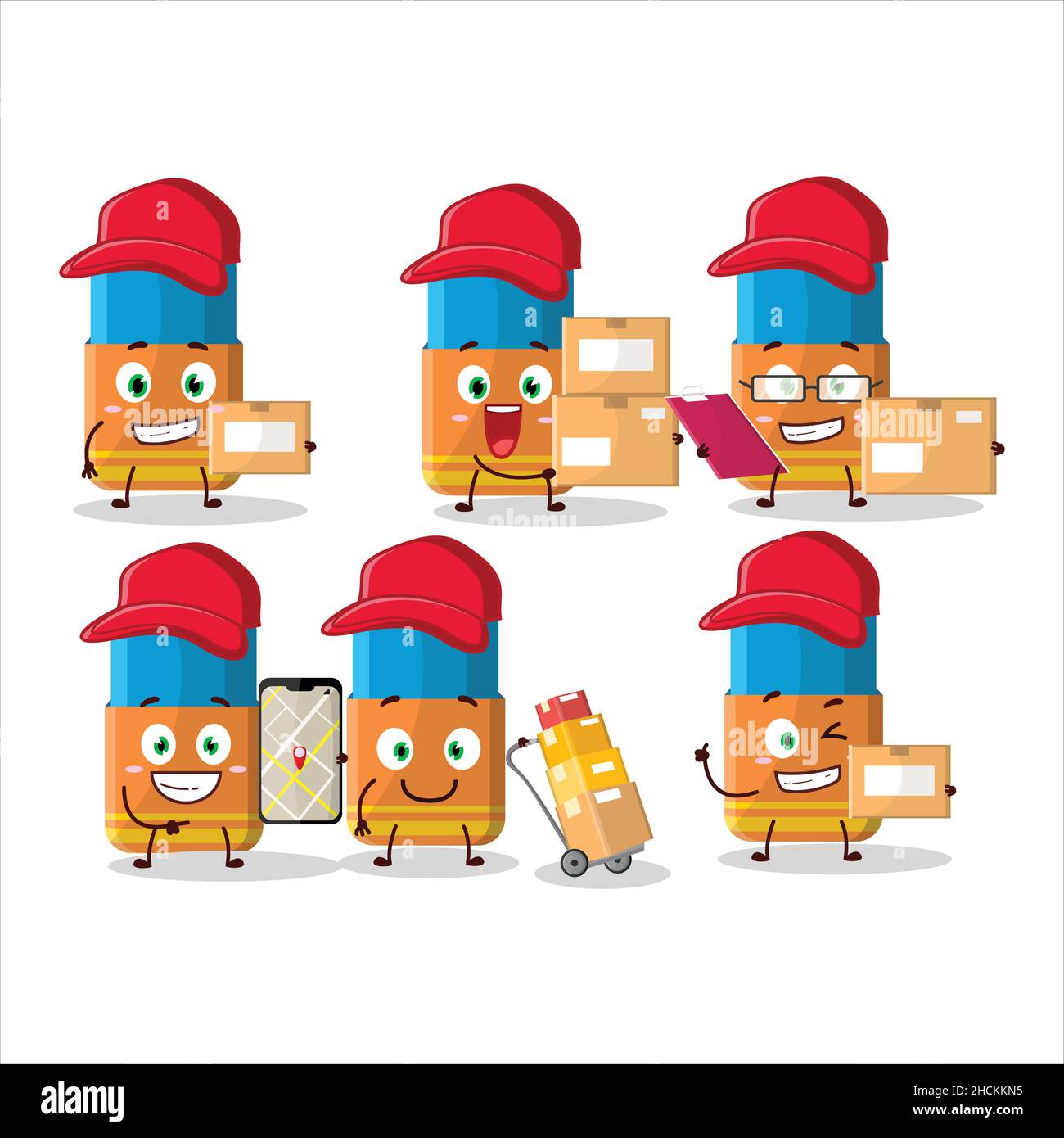 Cartoon character design of orange eraser working as a courier. Vector ...