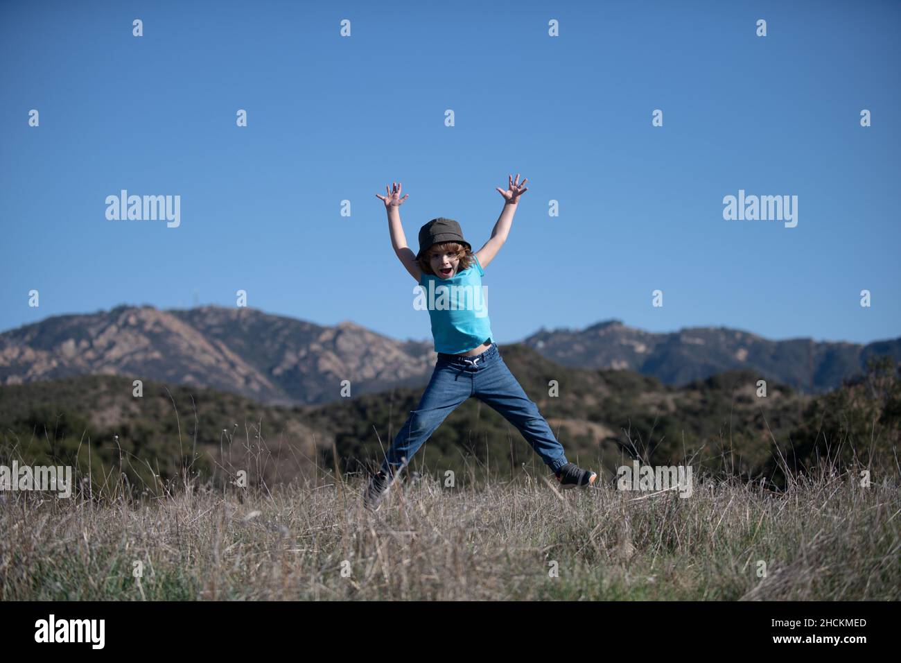 Child camping, happiness and freedom movement kids concept. Excited ...