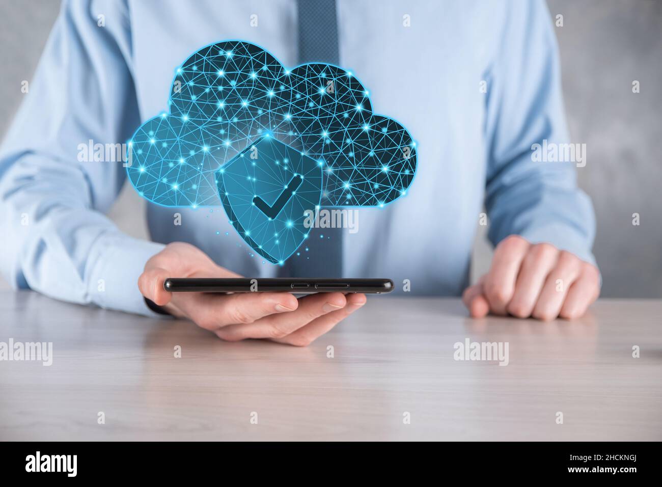 Cloud technology. Polygonal wireframe cloud storage sign with shield ...