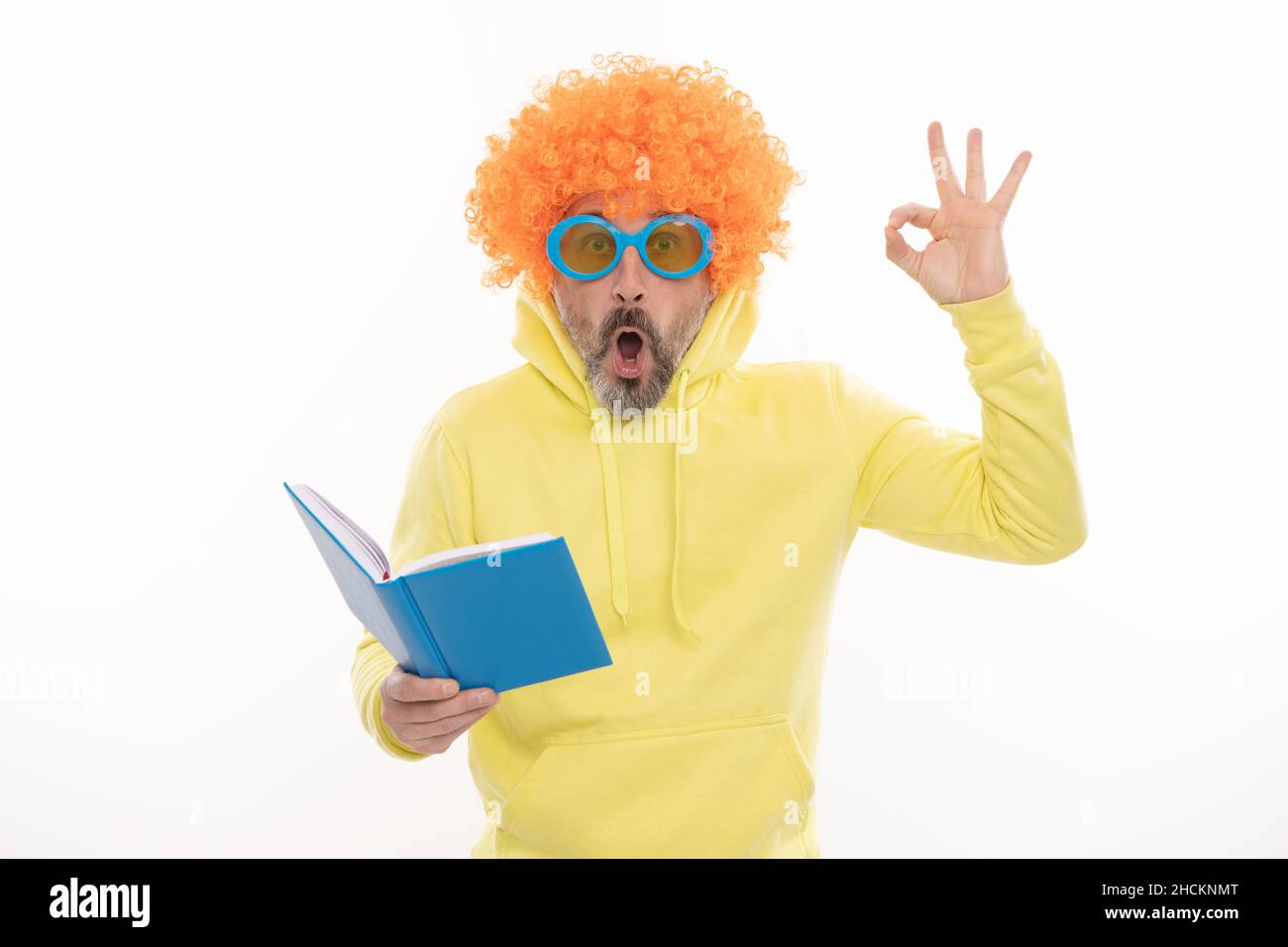 Its OK to make mistakes. Funny man show OK sign. Reading book. School ...