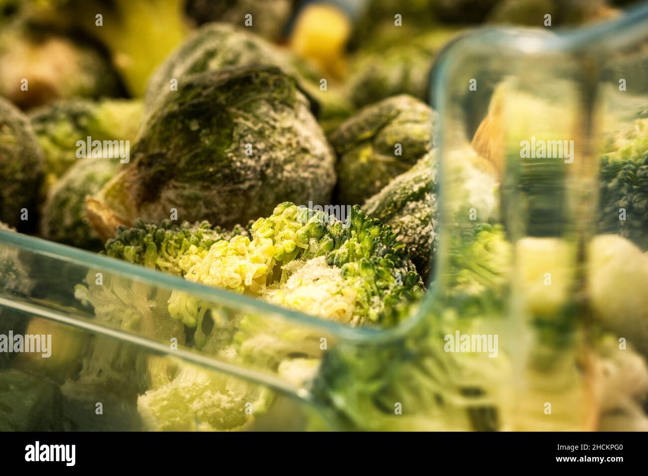 frozen broccoli florets and brussel sprouts inside freezer fridge ...