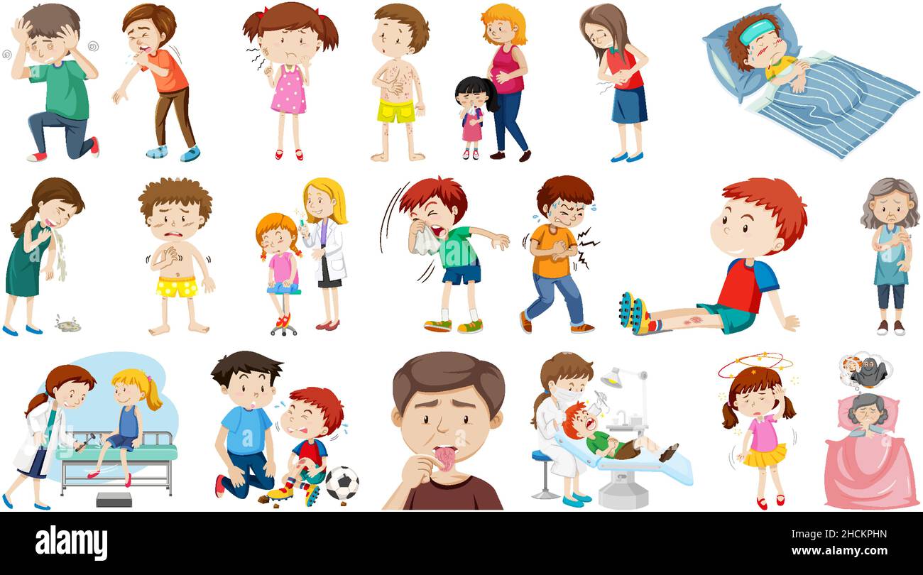 Set of sick people with different symptoms illustration Stock Vector ...