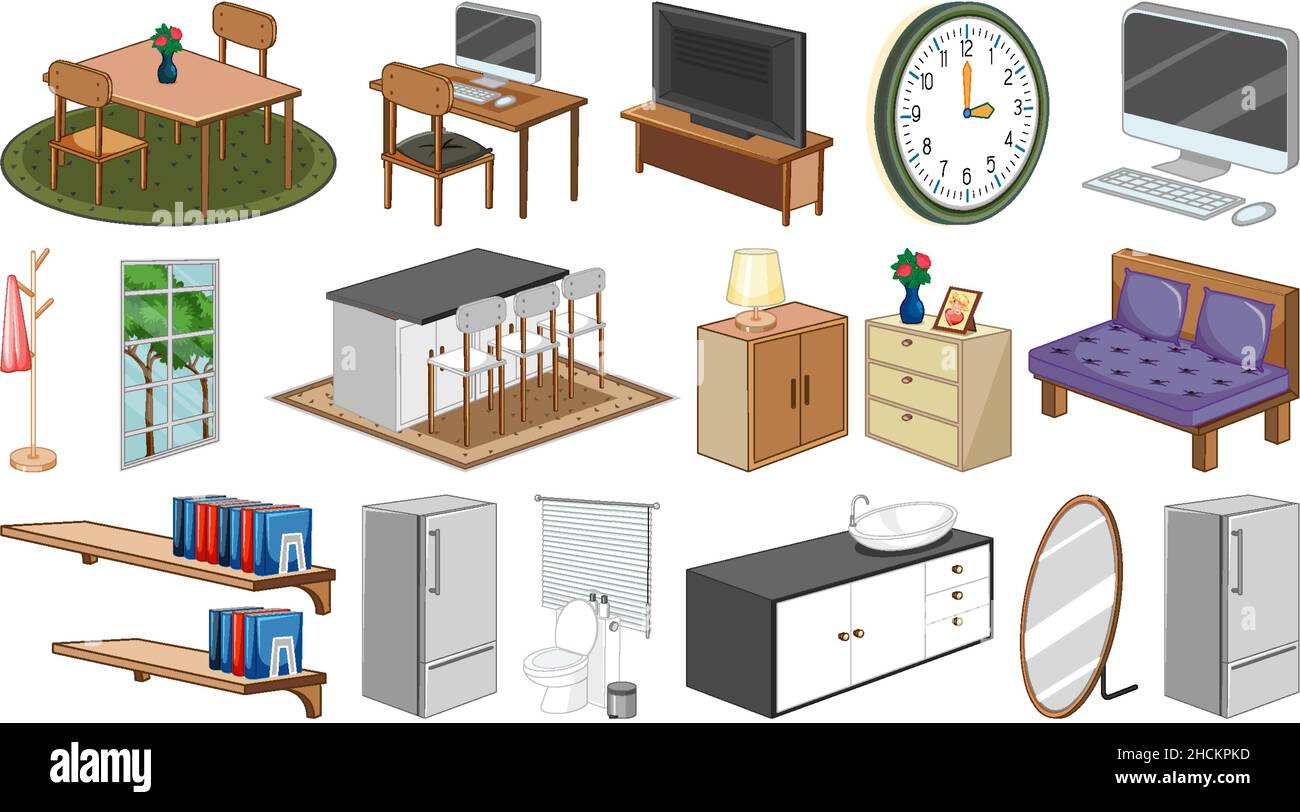 Set of interior furniture and decorations illustration Stock Vector ...