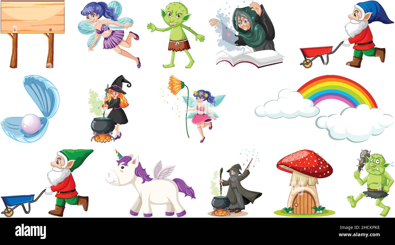 Set of fantasy fairy tale characters and elements illustration Stock ...