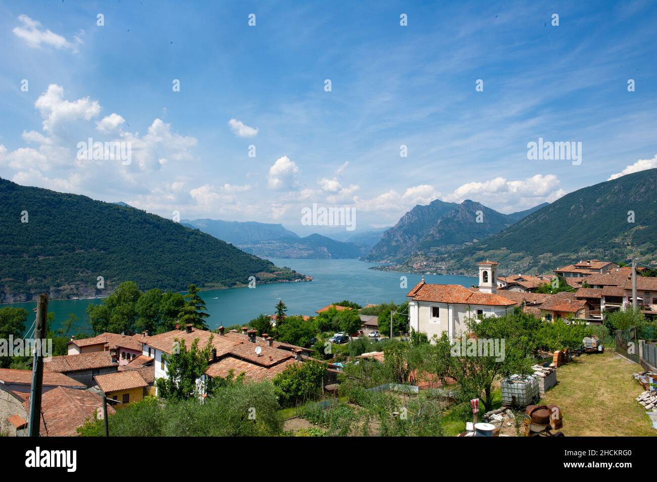 Europe, Italy, Lombardy, Lake Iseo, Sebino Lake, Sulzano, panoramic ...