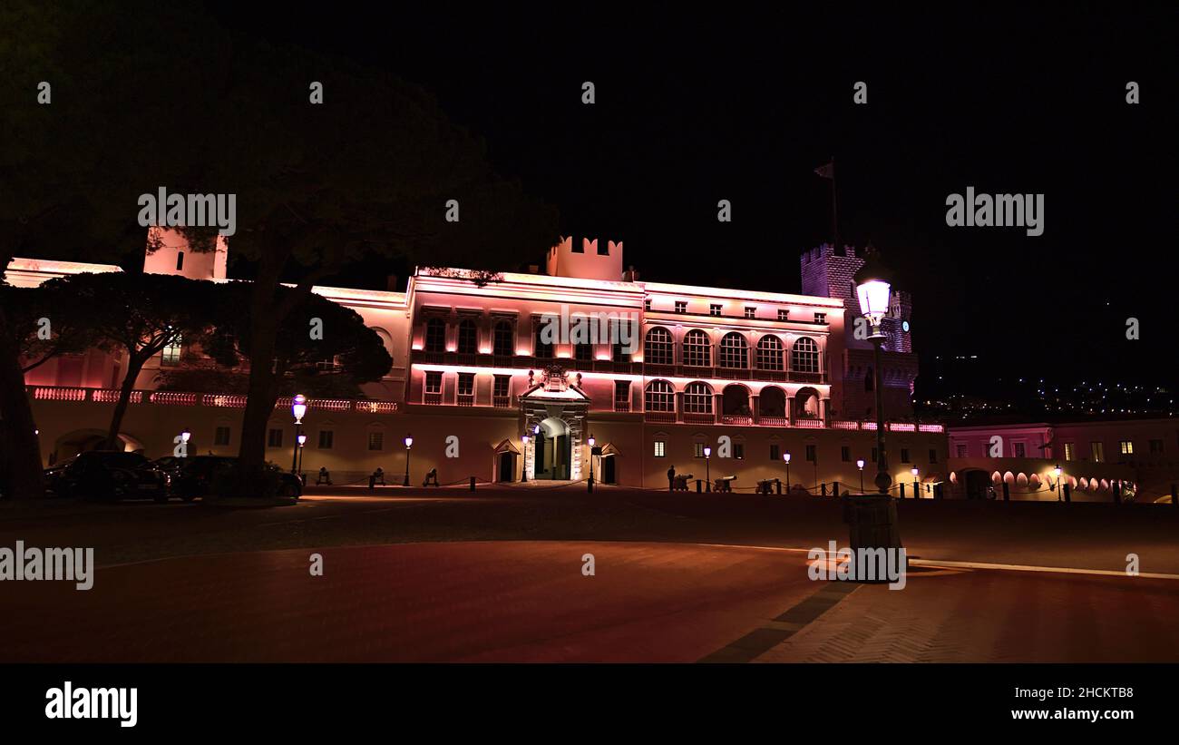 Idyllic night view of famous Prince's Palace of Monaco (residence of ...