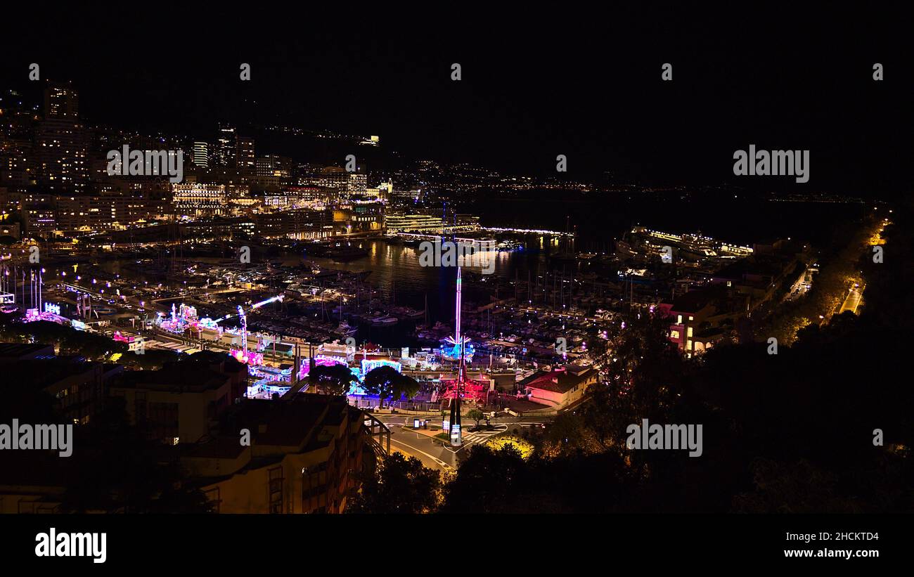 Stunning aerial night view of harbor Port Hercule in Monaco with moored ...