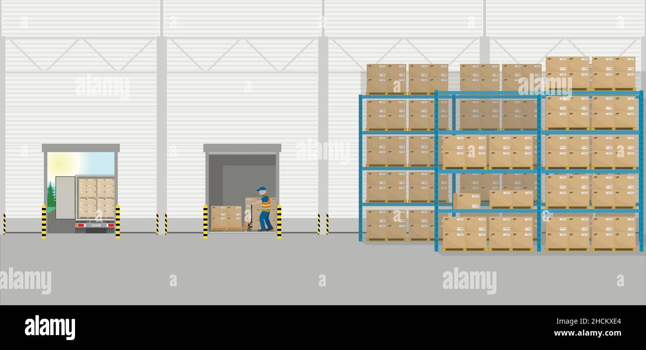 Warehouse or industrial building. Inside view, interior. Work of a ...