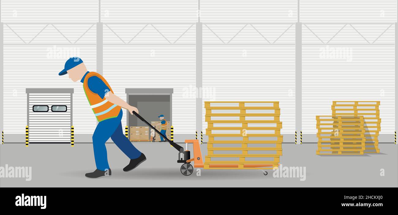 A loader in a warehouse moves empty wooden pallets in a warehouse with ...