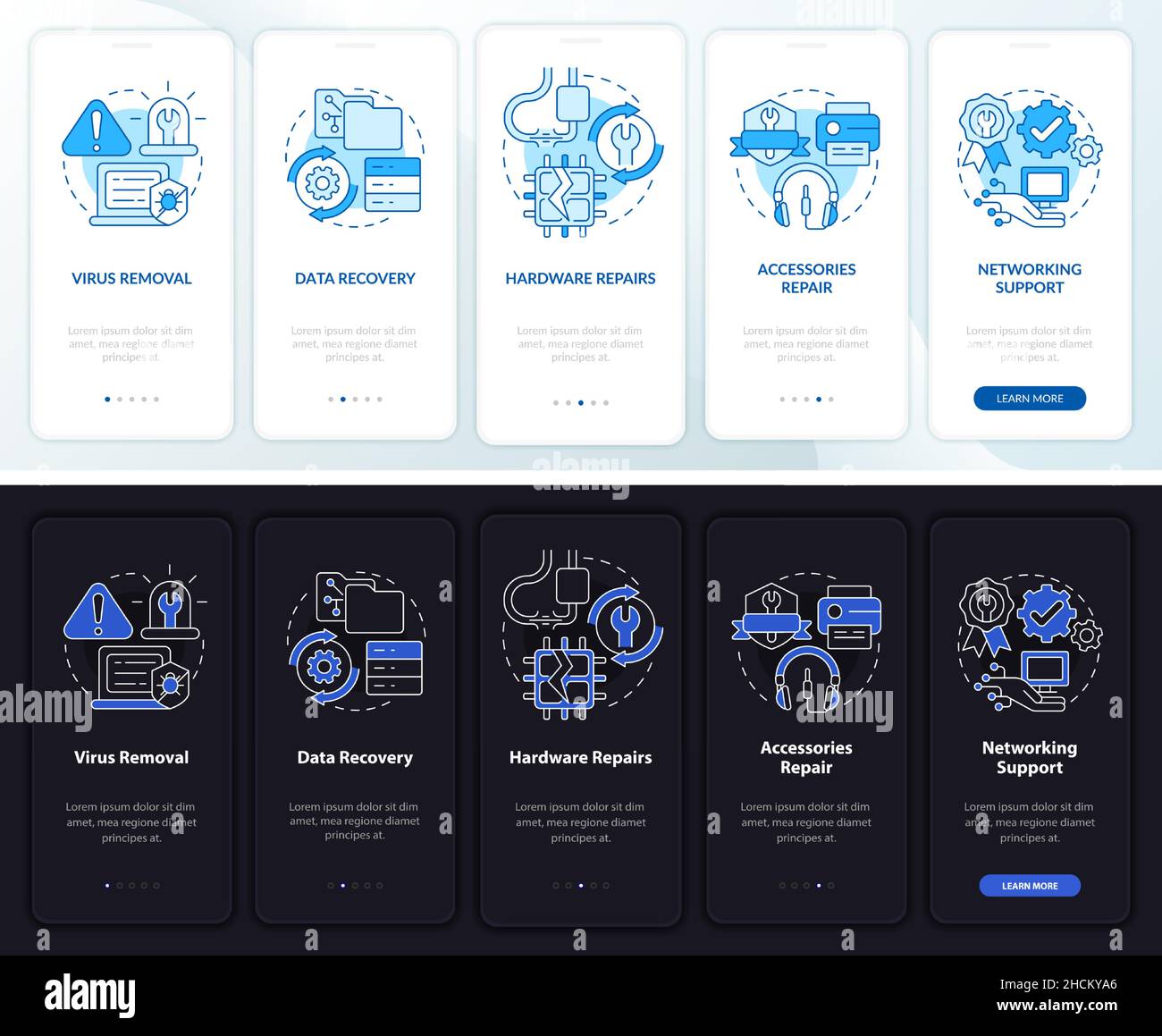Types of repairs night and day mode onboarding mobile app screen Stock ...