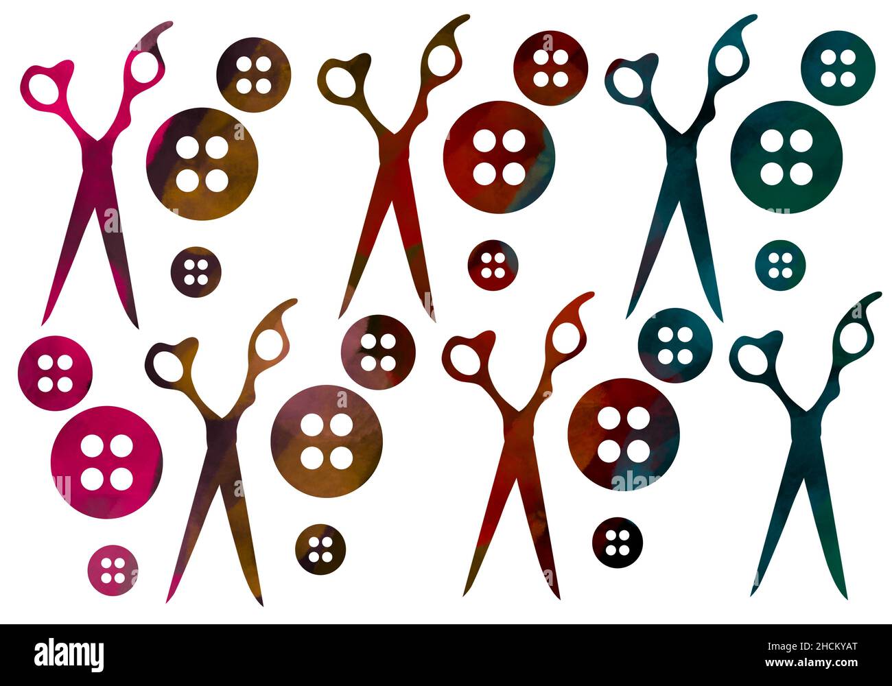 Coloured set with scissors and buttons for packaging and cards and ...