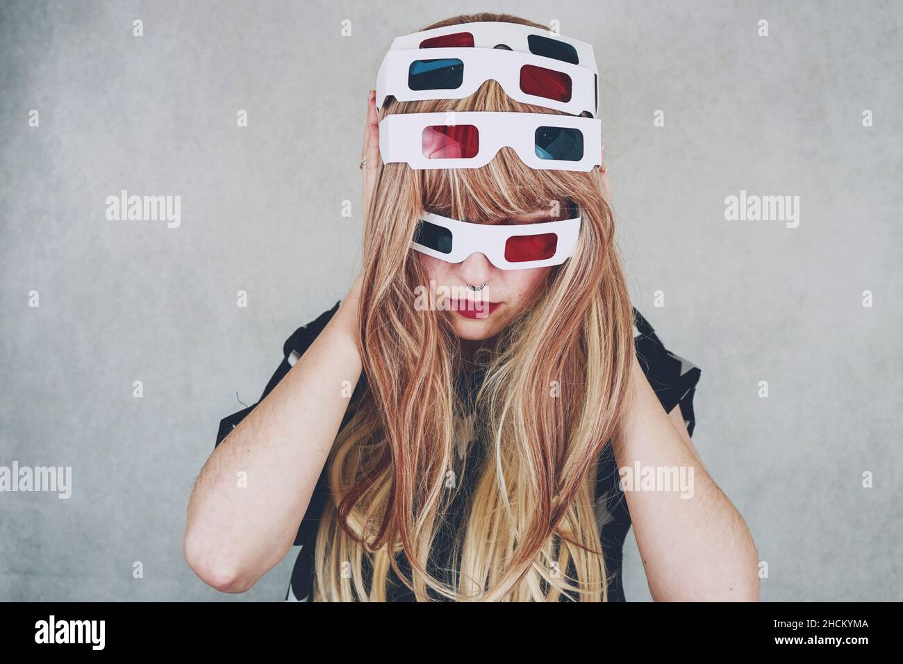 Young woman wearing vintage 3D glasses Stock Photo - Alamy
