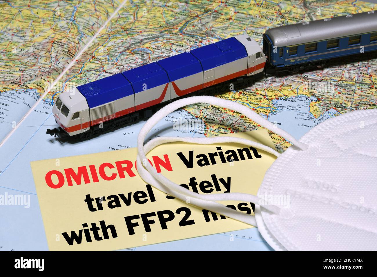 New Covid-19 Omicron variant. Map of Europe with model train and ffp2 ...