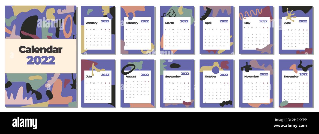 Monthly calendar with abstract shapes. Blue color of the year 2022 ...