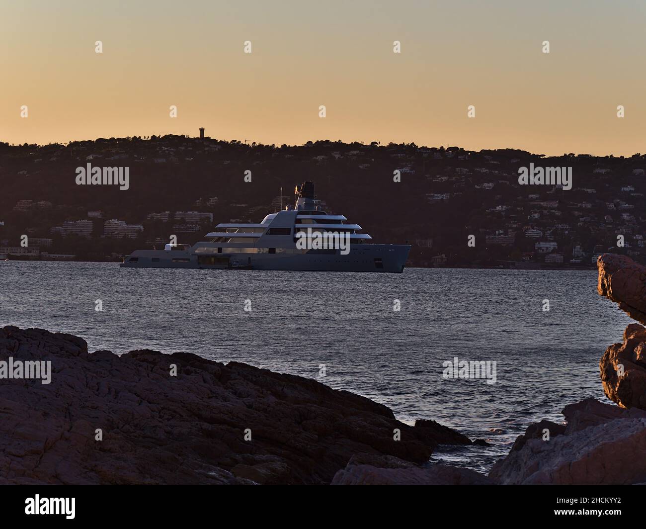 View of big luxury superyacht mooring in the Bay of Billionaires at the ...