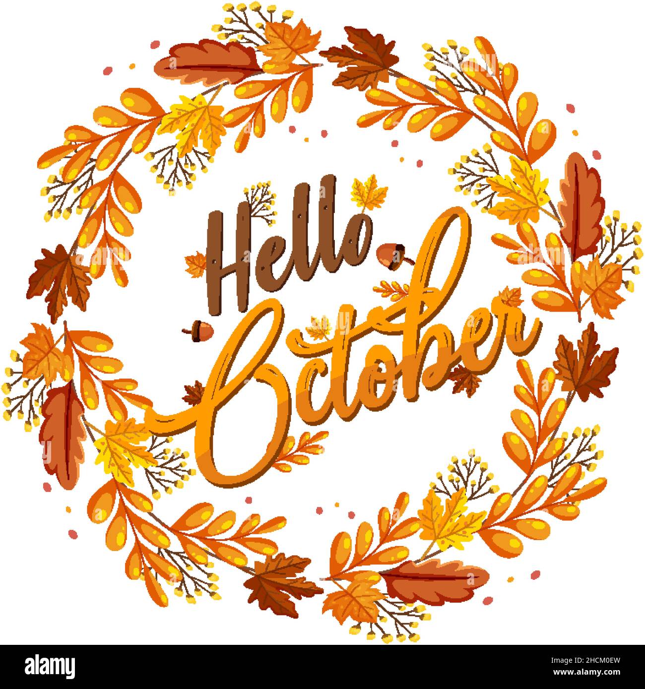 Hello October with ornate of autumn leaves frame illustration Stock ...