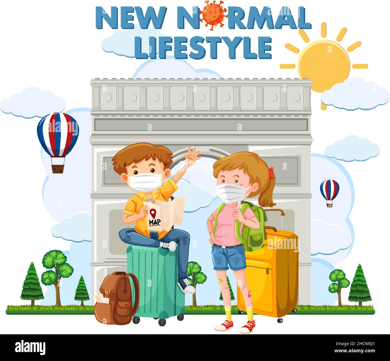 New normal lifestyle logo with couple tourist wearing mask illustration ...