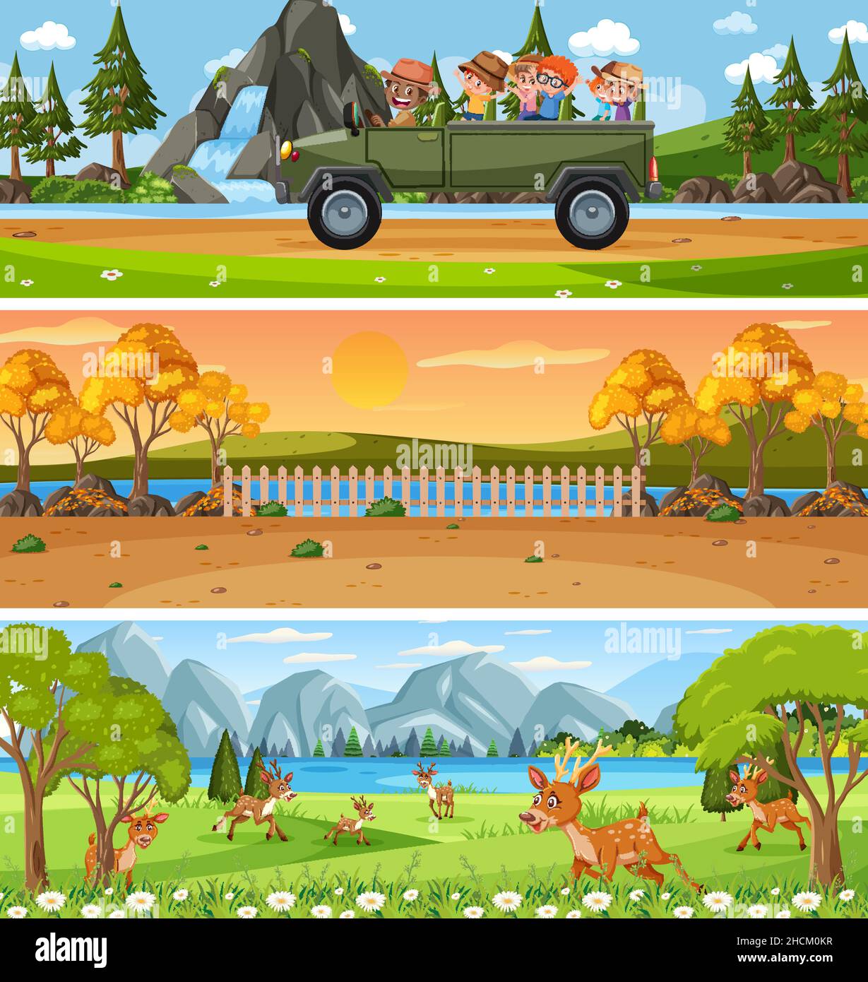 Different nature landscape at daytime scene with cartoon character ...