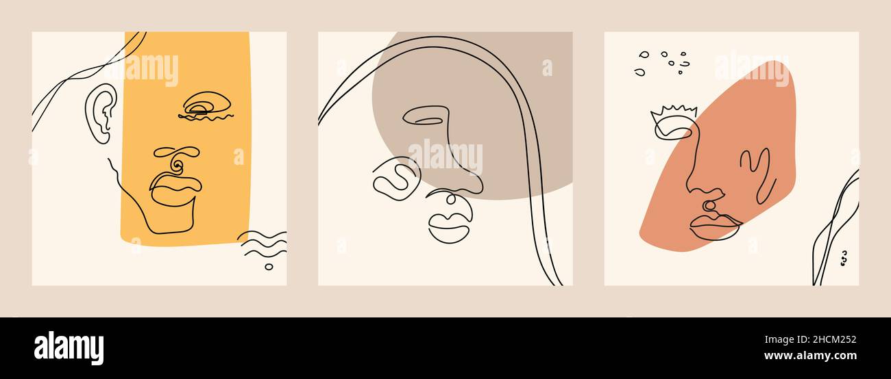 Set of modern portraits on the background of abstract shapes in line ...