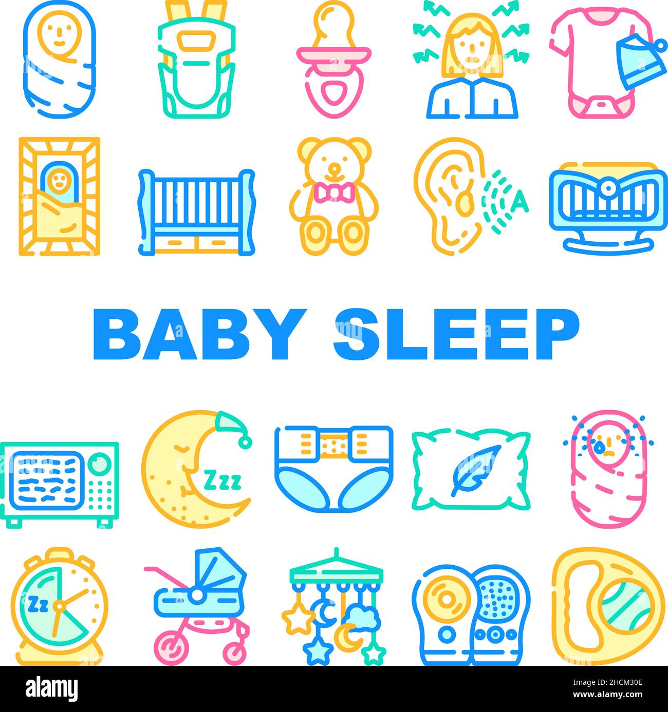 Newborn Baby Sleep Accessories Icons Set Vector Stock Vector Image ...