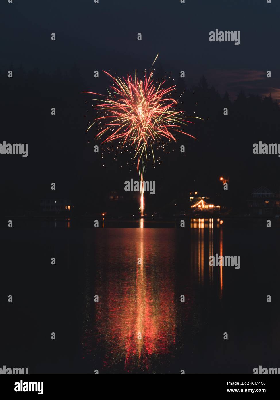 Vertical shot of Fourth of July fireworks in a night sky over ...