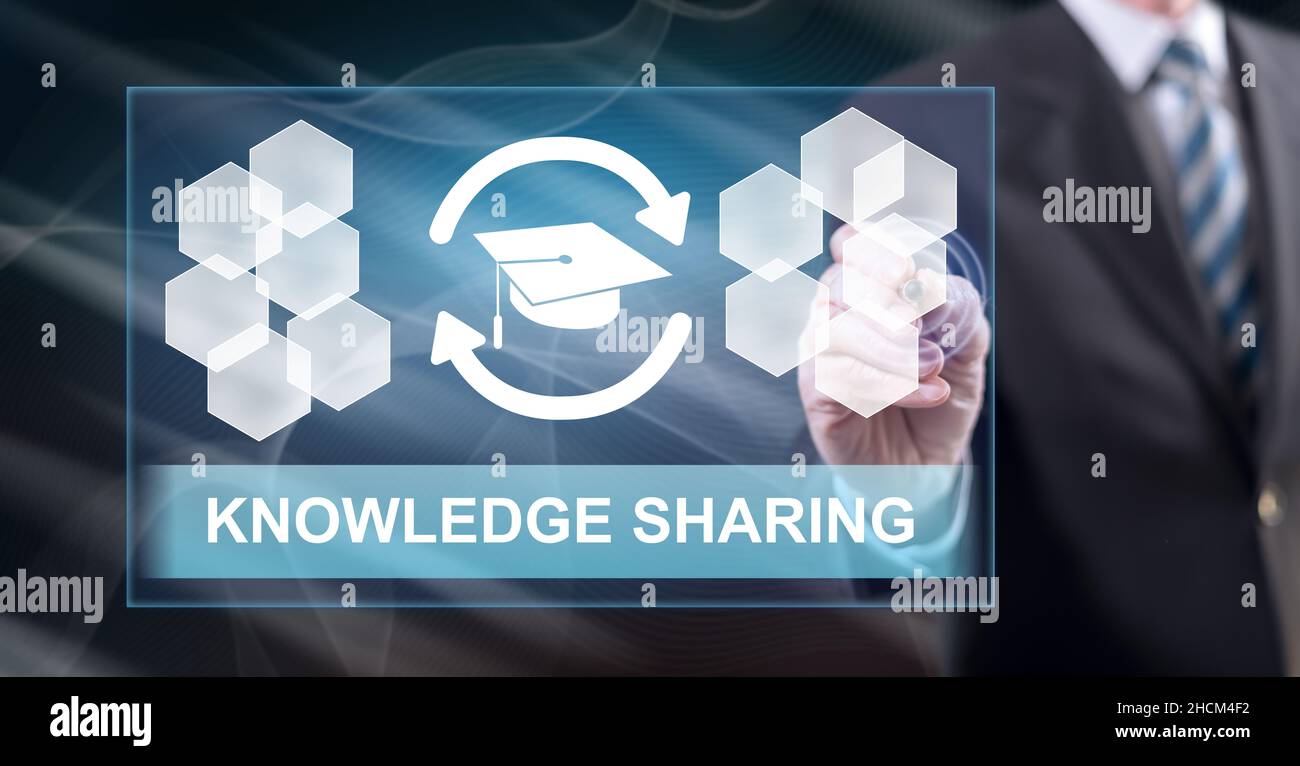 Man touching a knowledge sharing concept on a touch screen with a ...