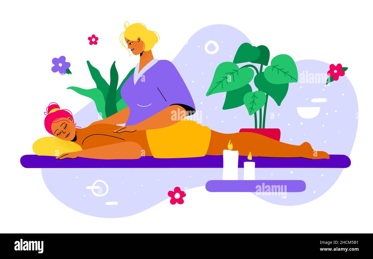 Massage in the salon - colorful flat design style illustration with a ...