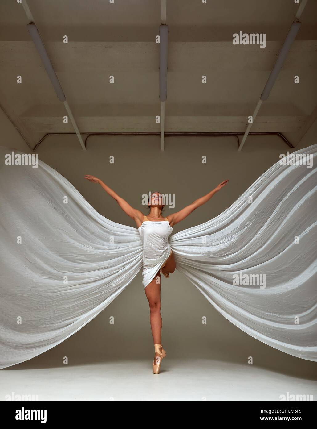 Ballerina Dancing with Silk Fabric, Modern Ballet Dancer in Fluttering ...