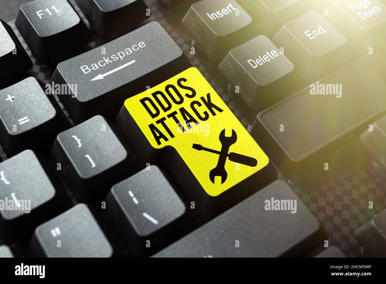 Text caption presenting Ddos Attack. Word for disturbed access to the ...